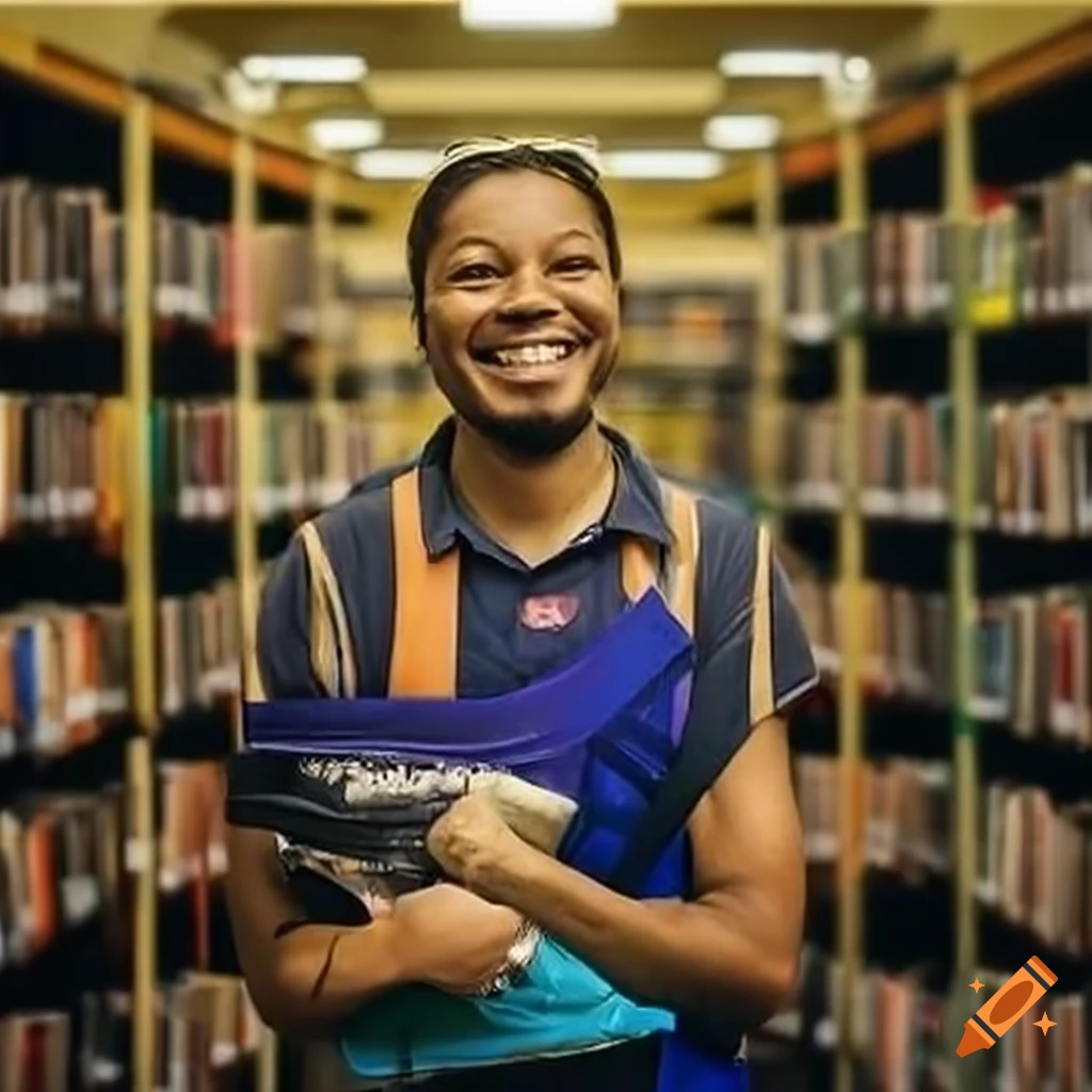 Happy library staff sorting books in a library on Craiyon
