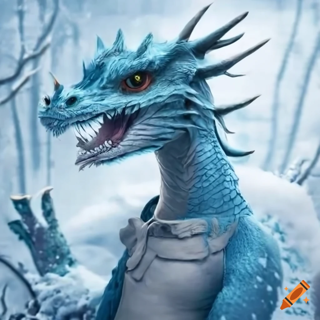 Kind male snow dragon in a woolen coat on Craiyon