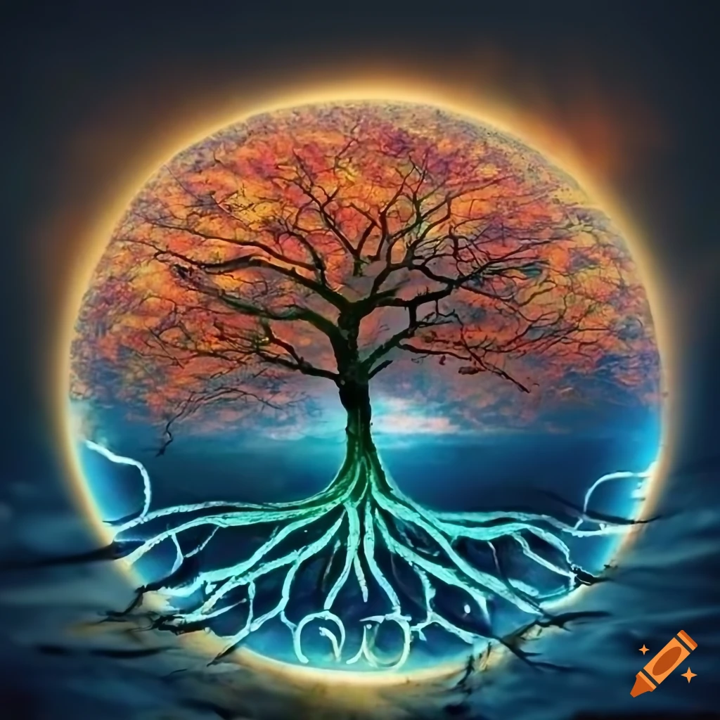 Tree of life with branches in solar eclipse and deep roots in the ...