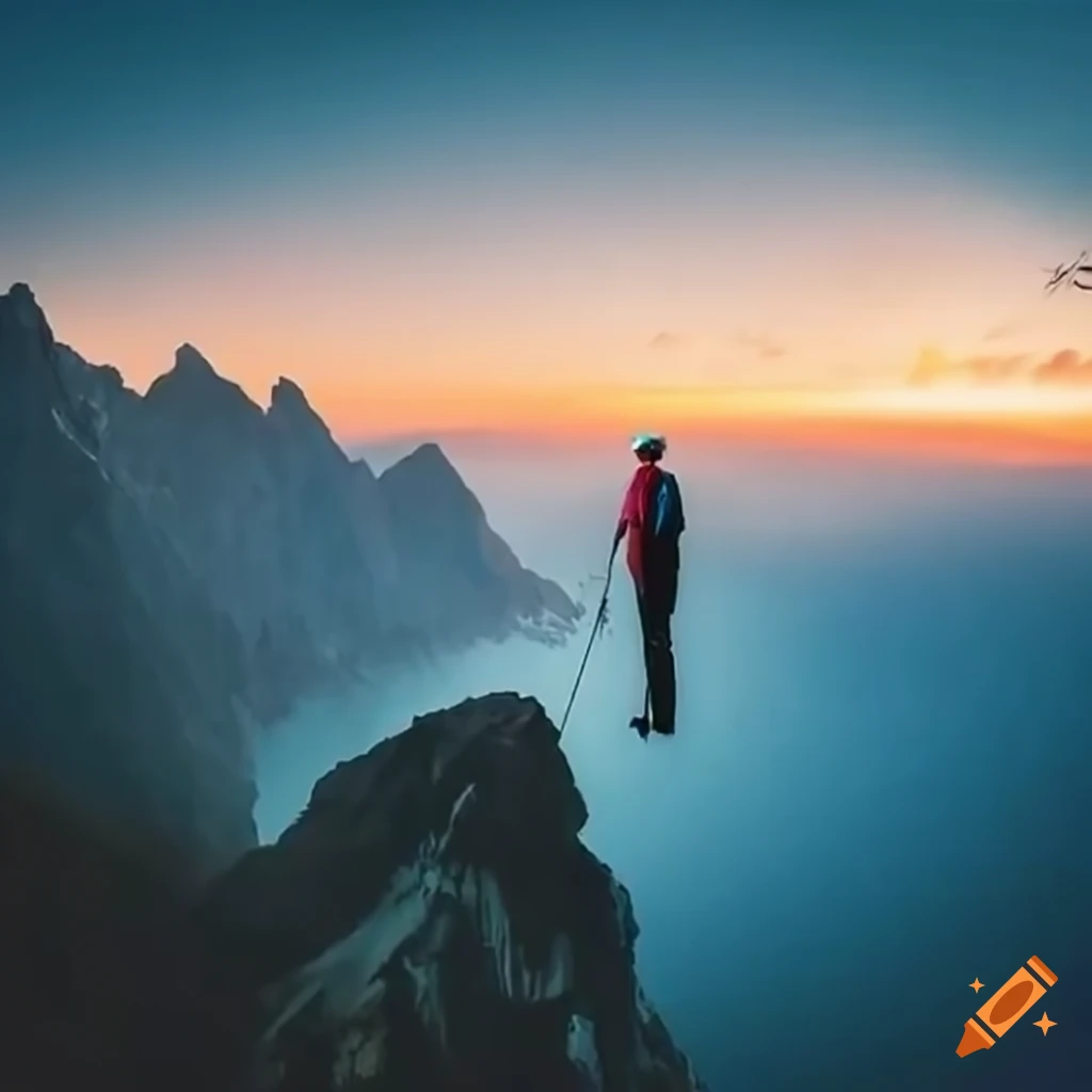 Man standing on a mountain summit overlooking the world below on Craiyon