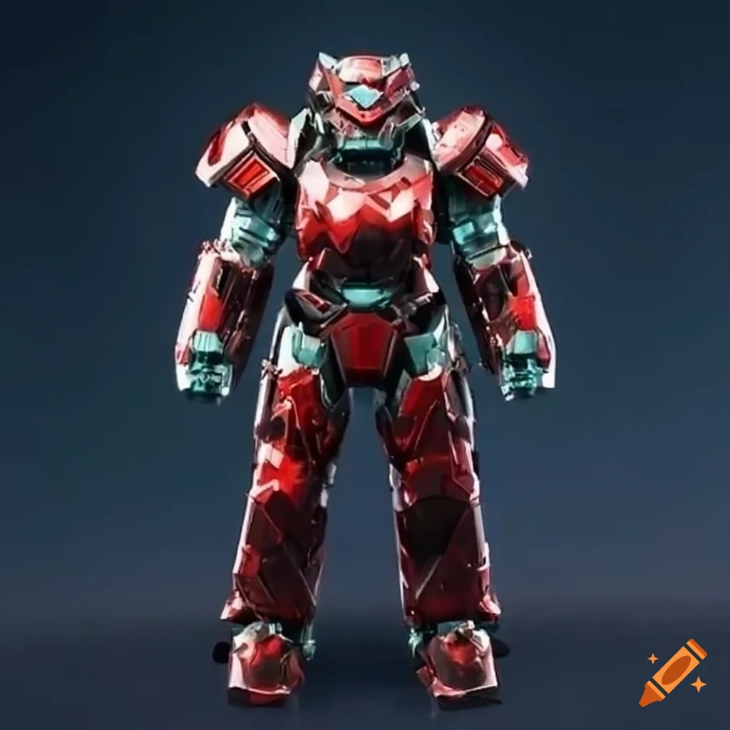 Full body power armor constructed of red crystals with jet pack ...