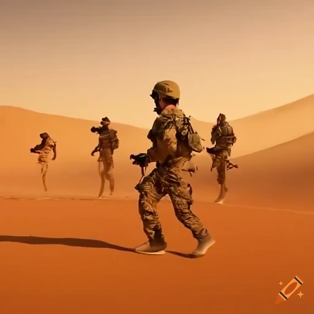 Military soldier in red armor running with squad in the desert on Craiyon