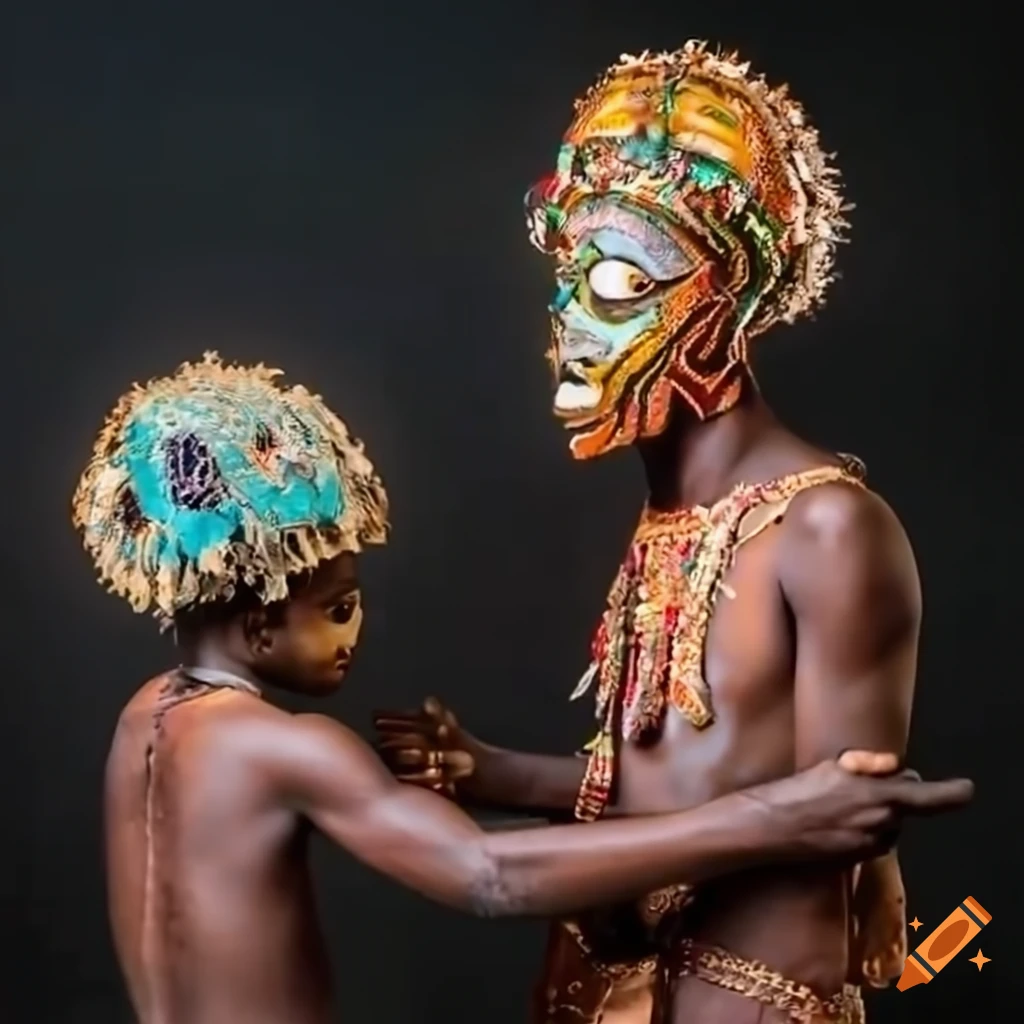 African father and son wearing intricate masks in traditional dance on Craiyon