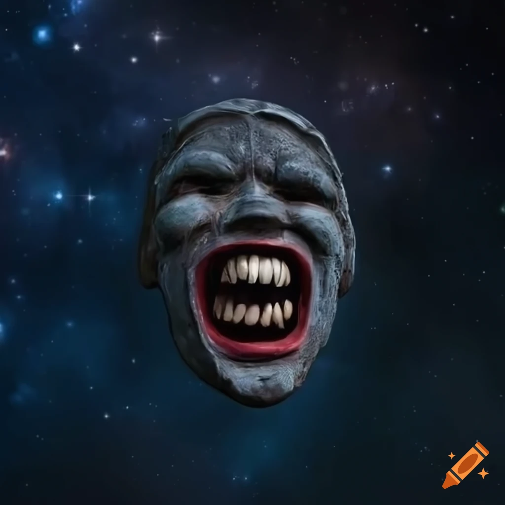Giant stone mask of a laughing face floating in space among the stars ...
