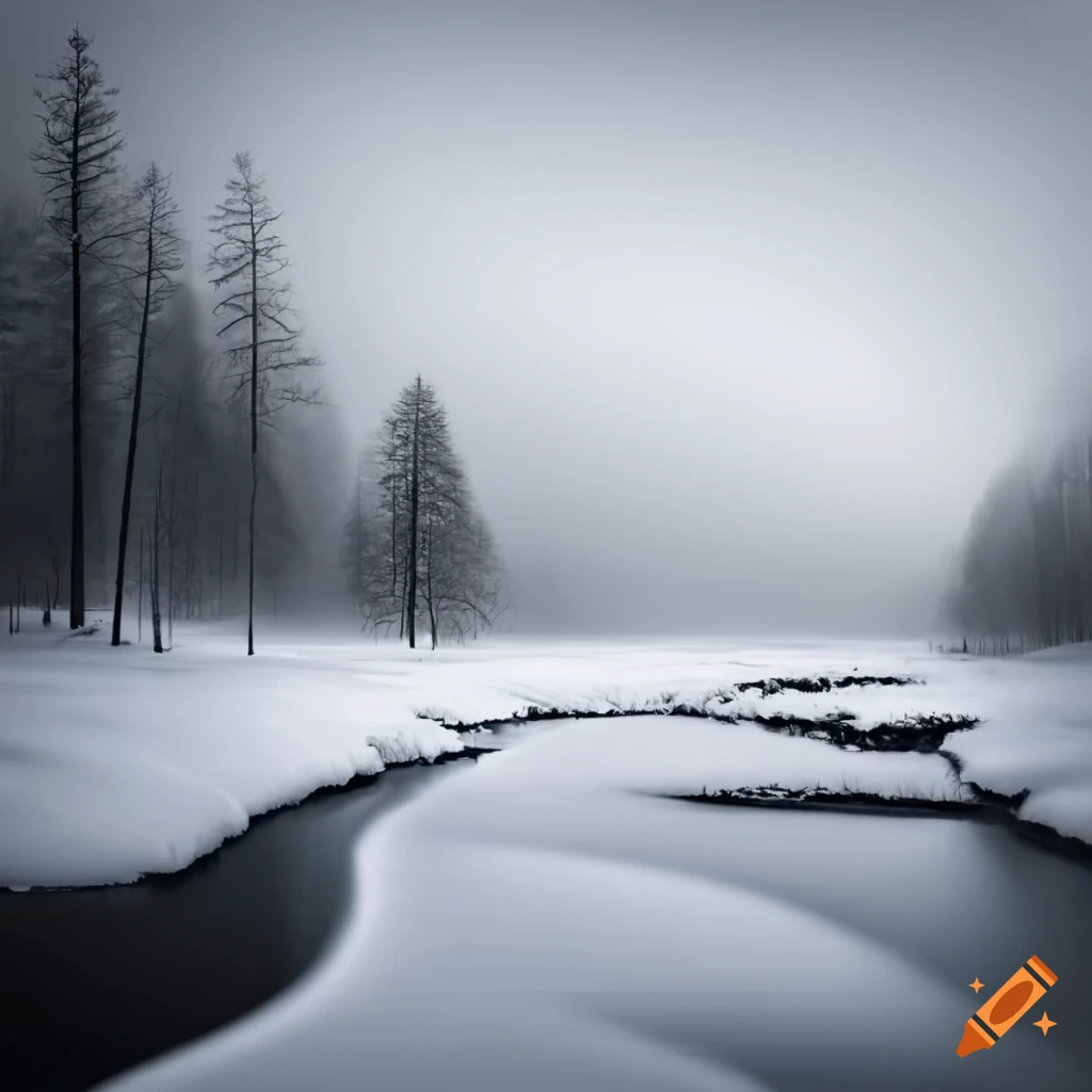 Breathtaking winter landscape in grey and black tones on Craiyon