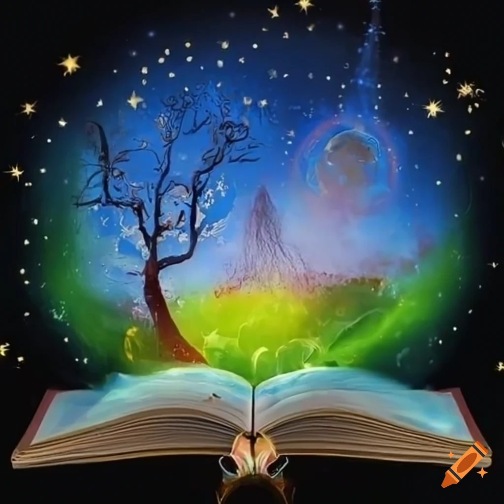 Magical world emerging from an opened book on Craiyon