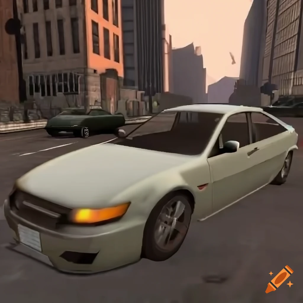 Car in a realistic city setting reminiscent of GTA 3 graphics on Craiyon