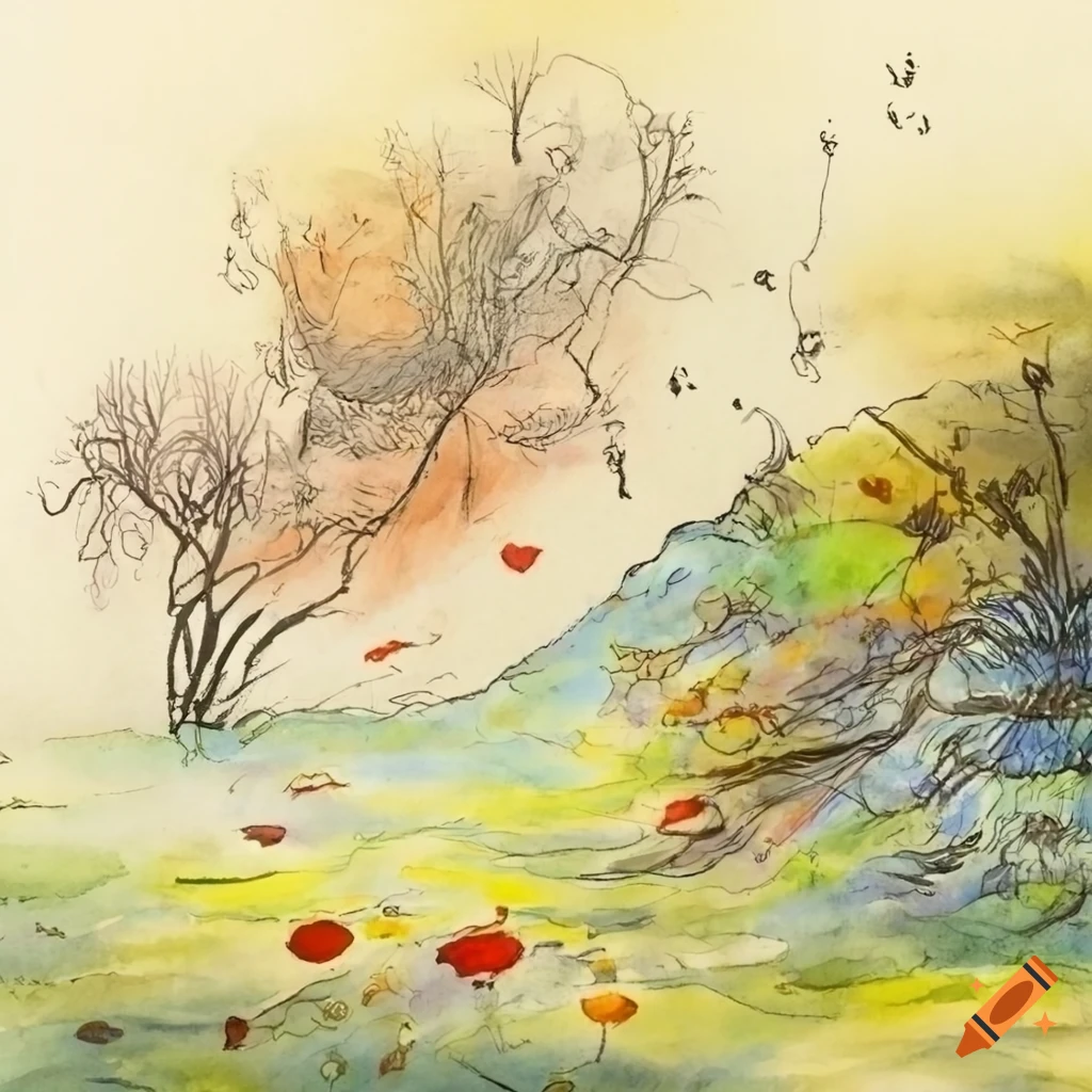 Meadow landscape in Final Fantasy style by Yoshitaka Amano, ink and ...