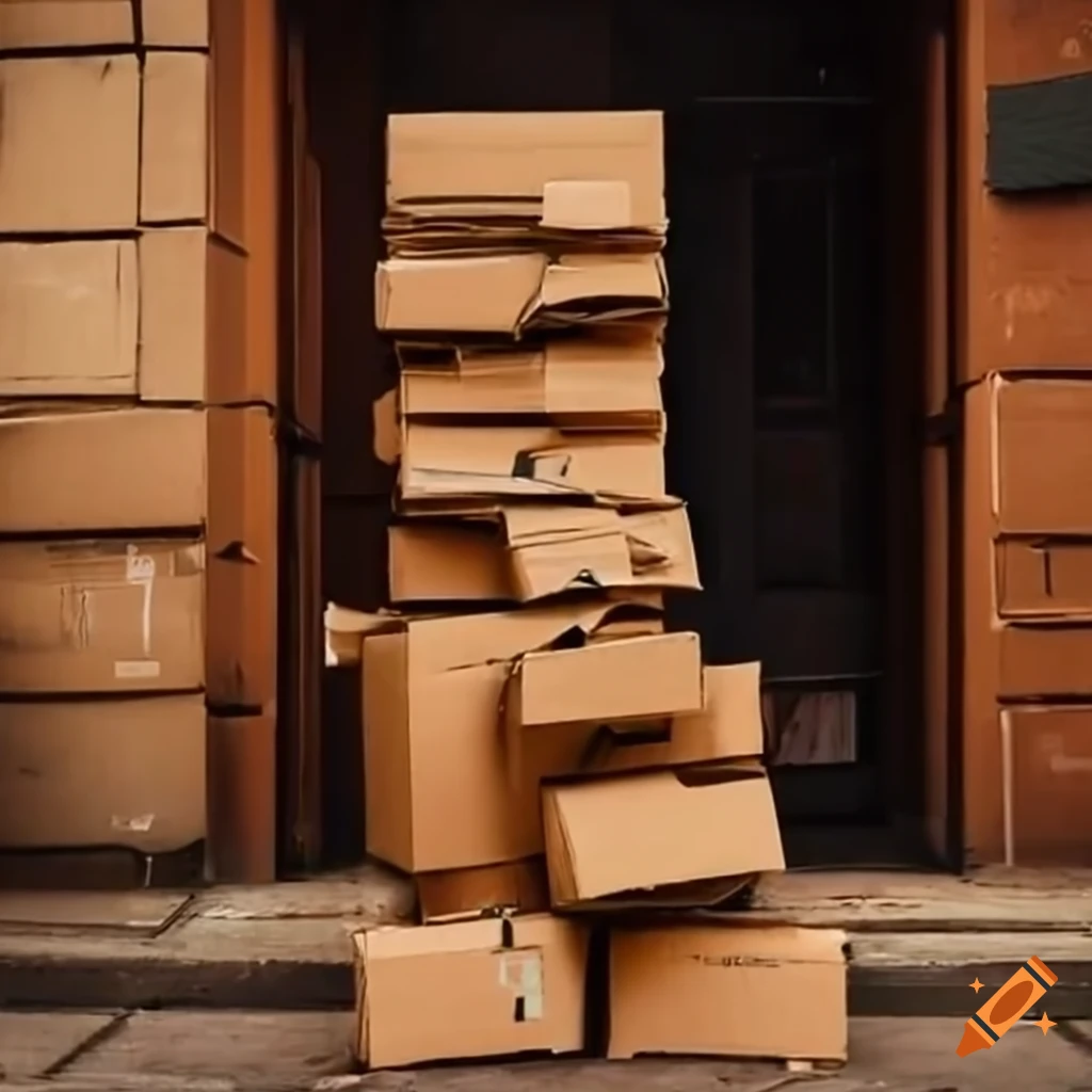 Disorganized stacks of cardboard boxes on Turi's street on Craiyon