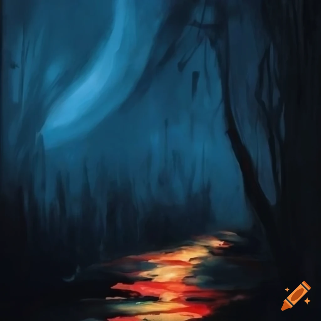 Moody Mondigliano-style patchwork painting of a dark path with ...