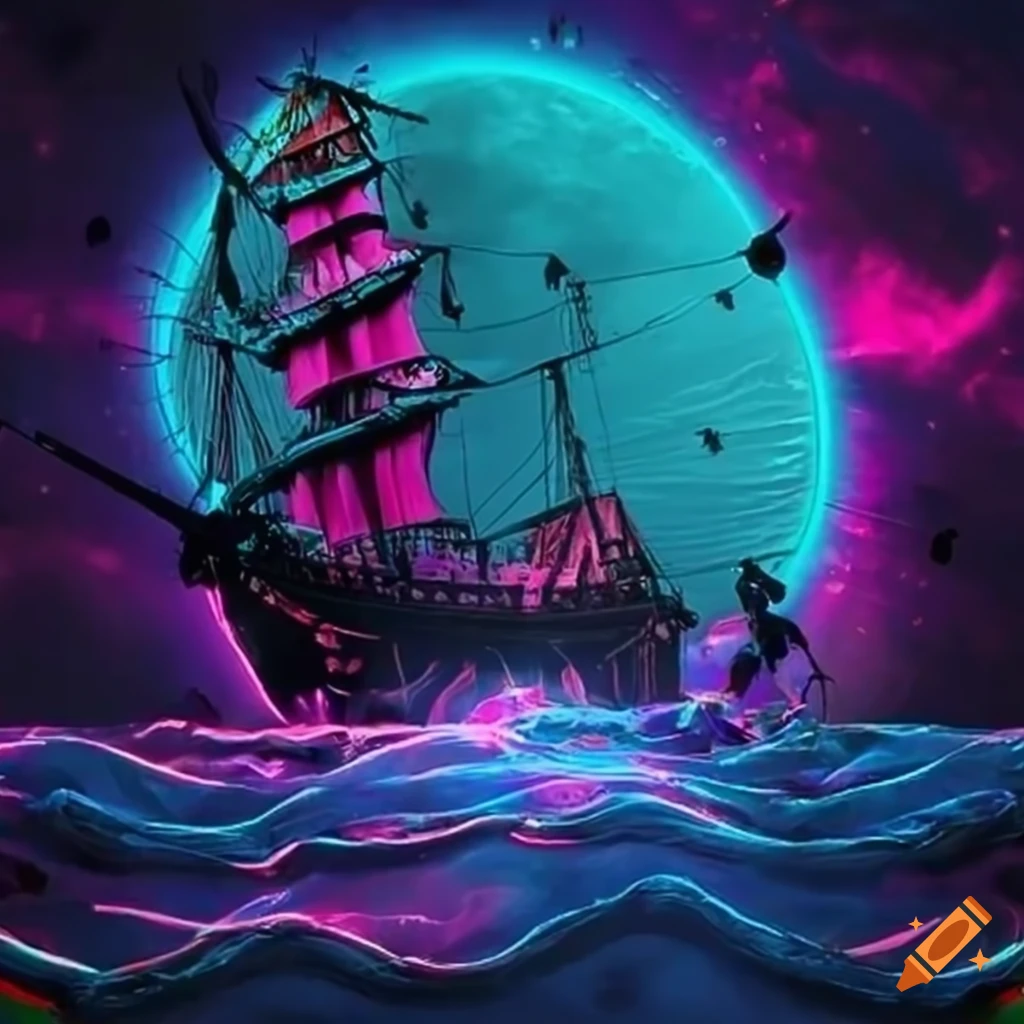 Pirate ship floating in neon punk internet space on Craiyon