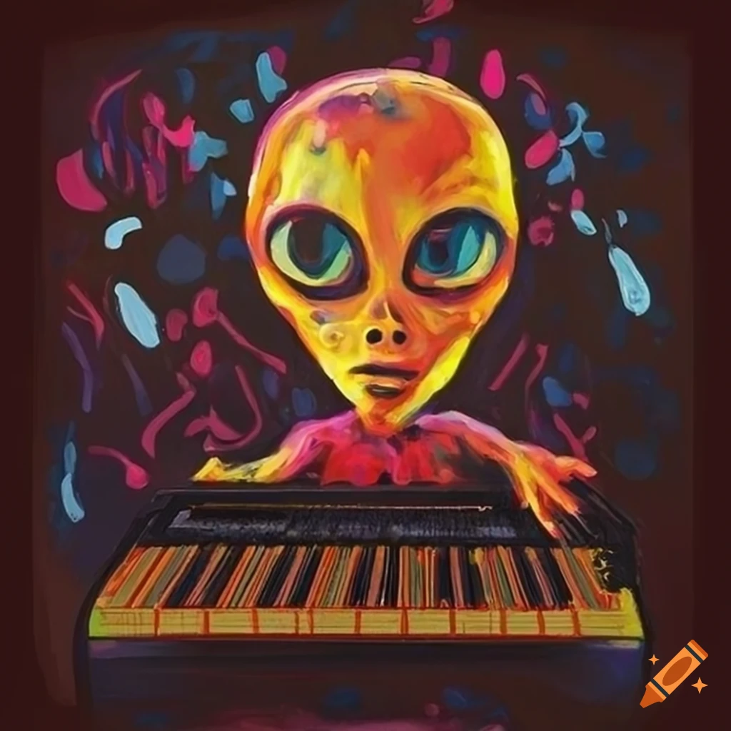 Alien playing keyboard in music studio with abstract children's ...