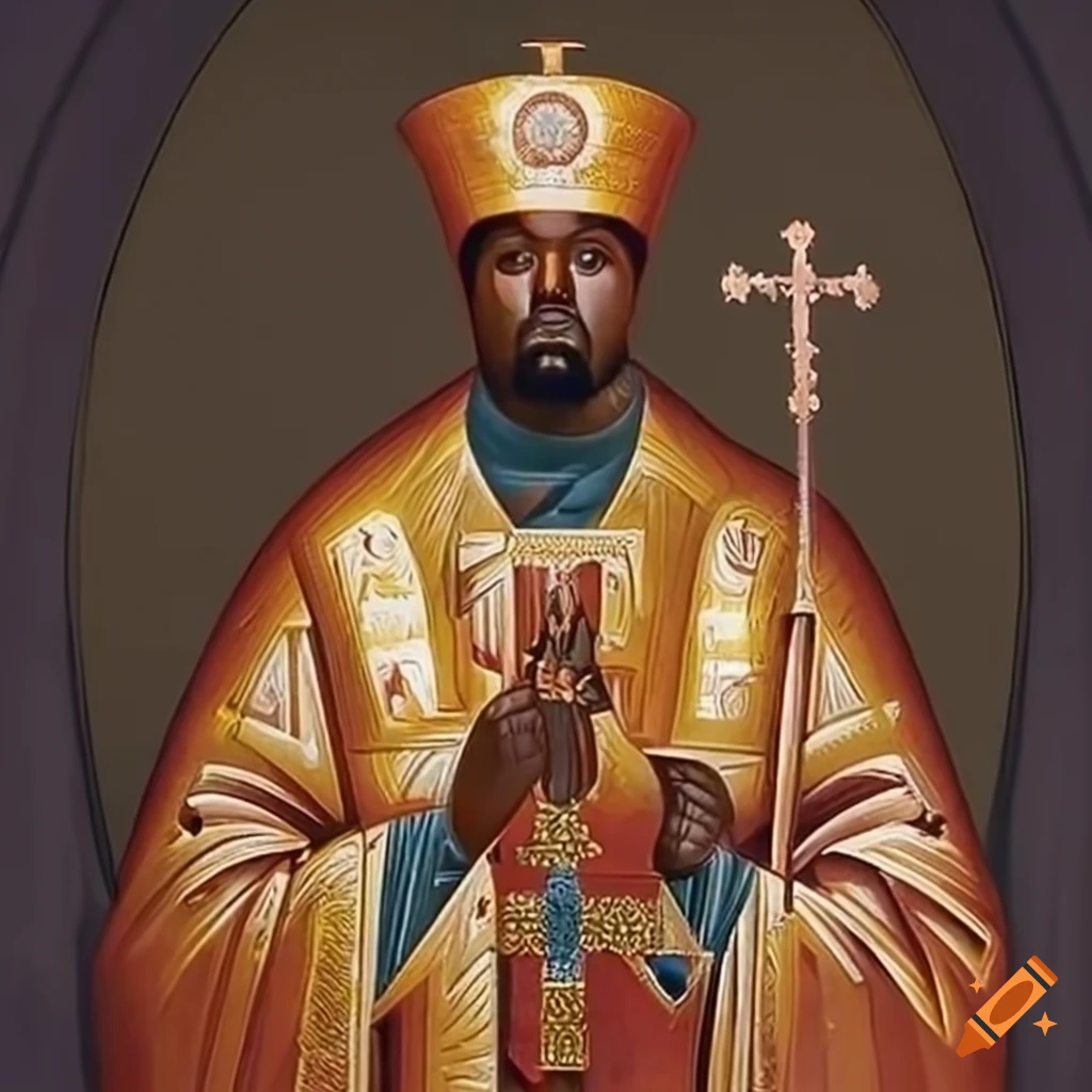 Kanye west depicted as a priest in orthodox style iconography on Craiyon