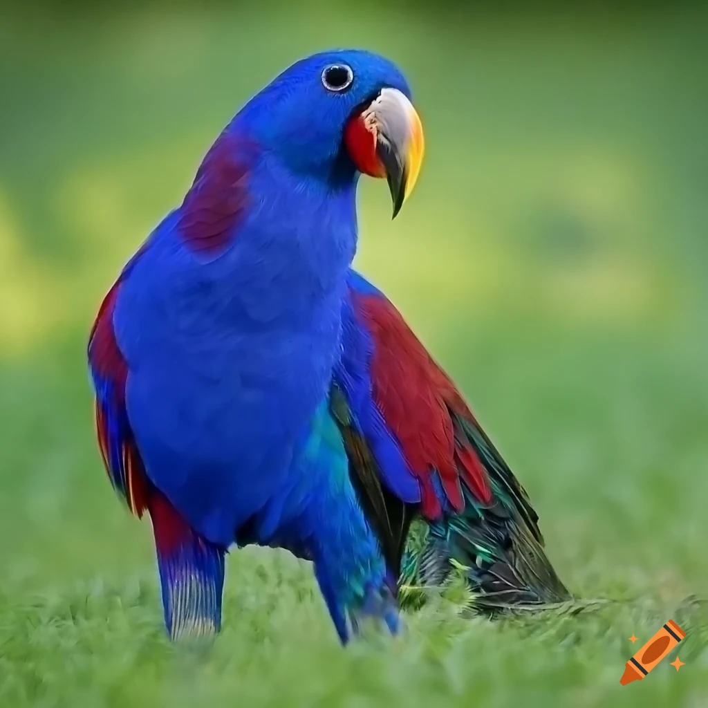 India blue peacock and male Moluccan eclectus hybrid on Craiyon