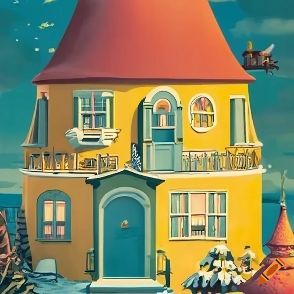 Moomin house vintage travel poster with volumetric features on Craiyon