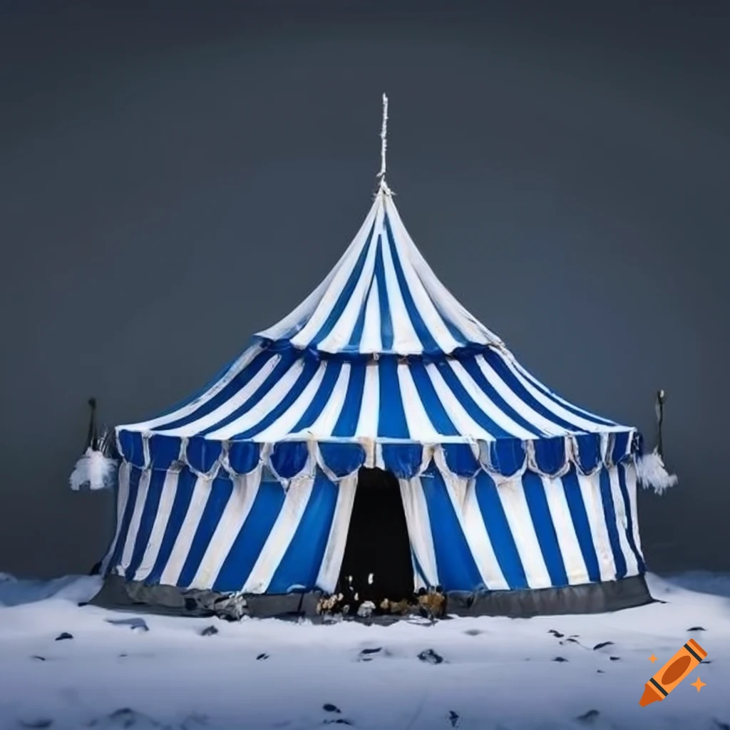 Blue and white circus tent in snowy landscape on Craiyon