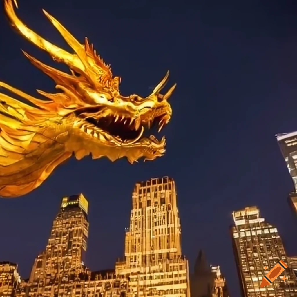 Golden dragon soaring above Manhattan buildings in a fantasy setting on ...