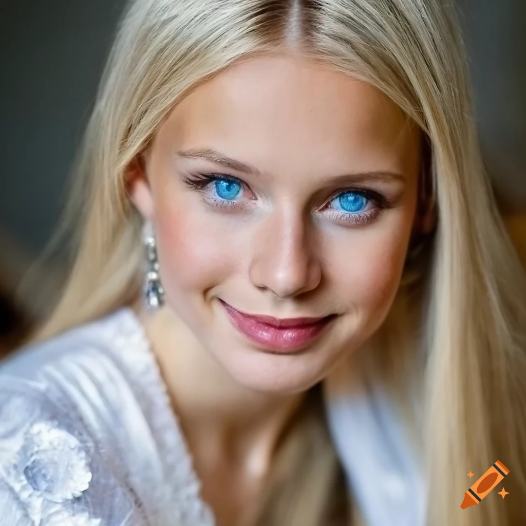Young swedish blonde woman in traditional folk dress smiling in high resolution on Craiyon