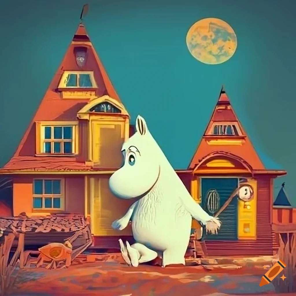Vintage travel poster featuring Moomin house with volumetric features ...