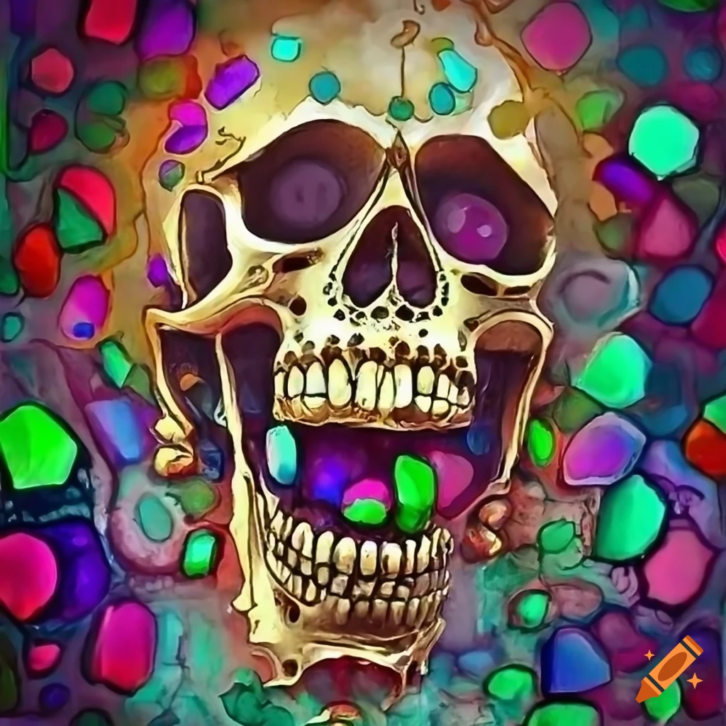 Golden plated laughing skull with colorful gem stones and ethncial ...