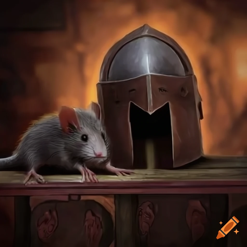 Rat next to a knight helmet on a dungeon floor on Craiyon