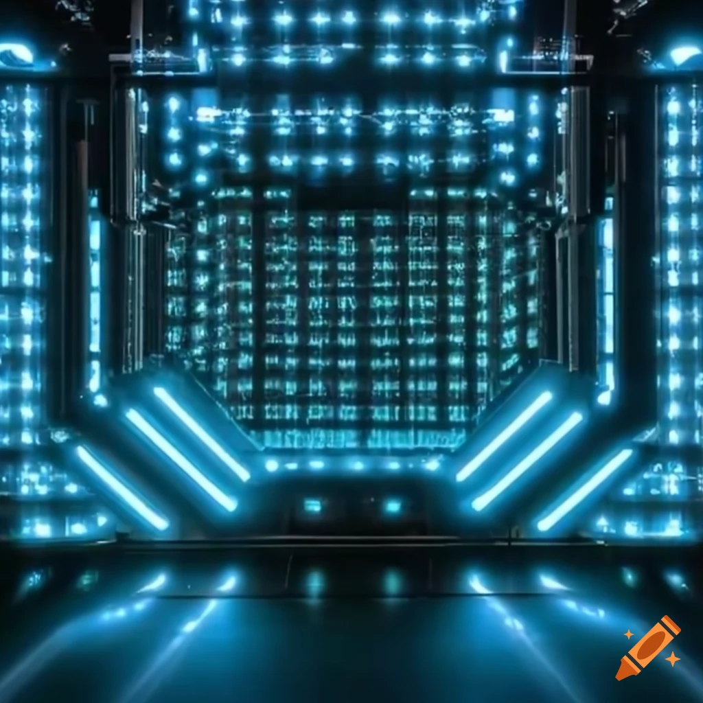 Futuristic stage with matrix-inspired neon lights and virtual reality ...