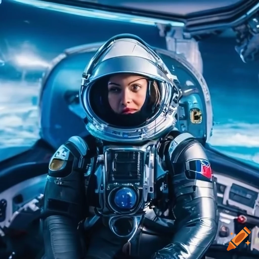 Female astronaut in futuristic latex suit inside spaceship cockpit on Craiyon