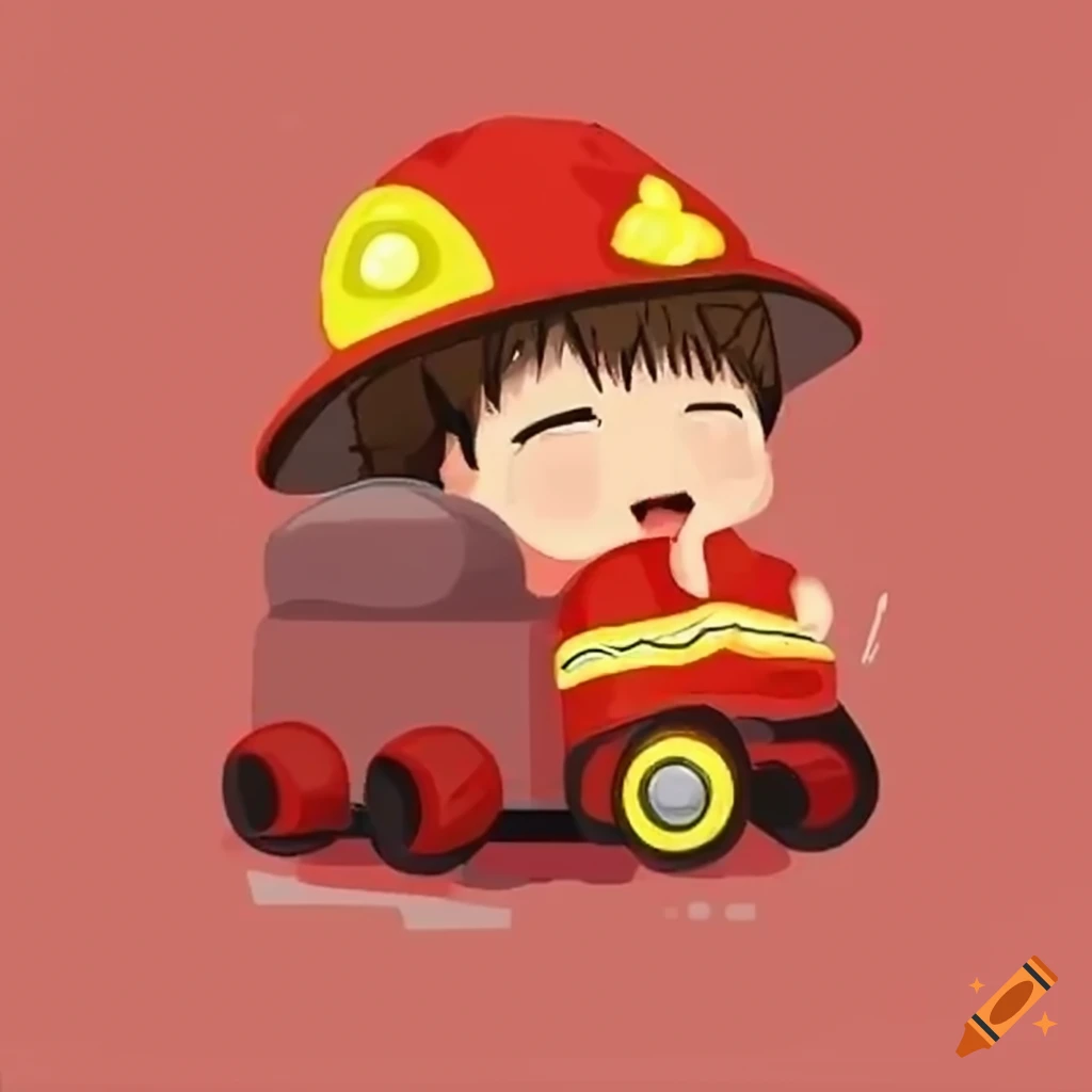 Firefighter sleeping on a red cartoon bed with wheels on Craiyon