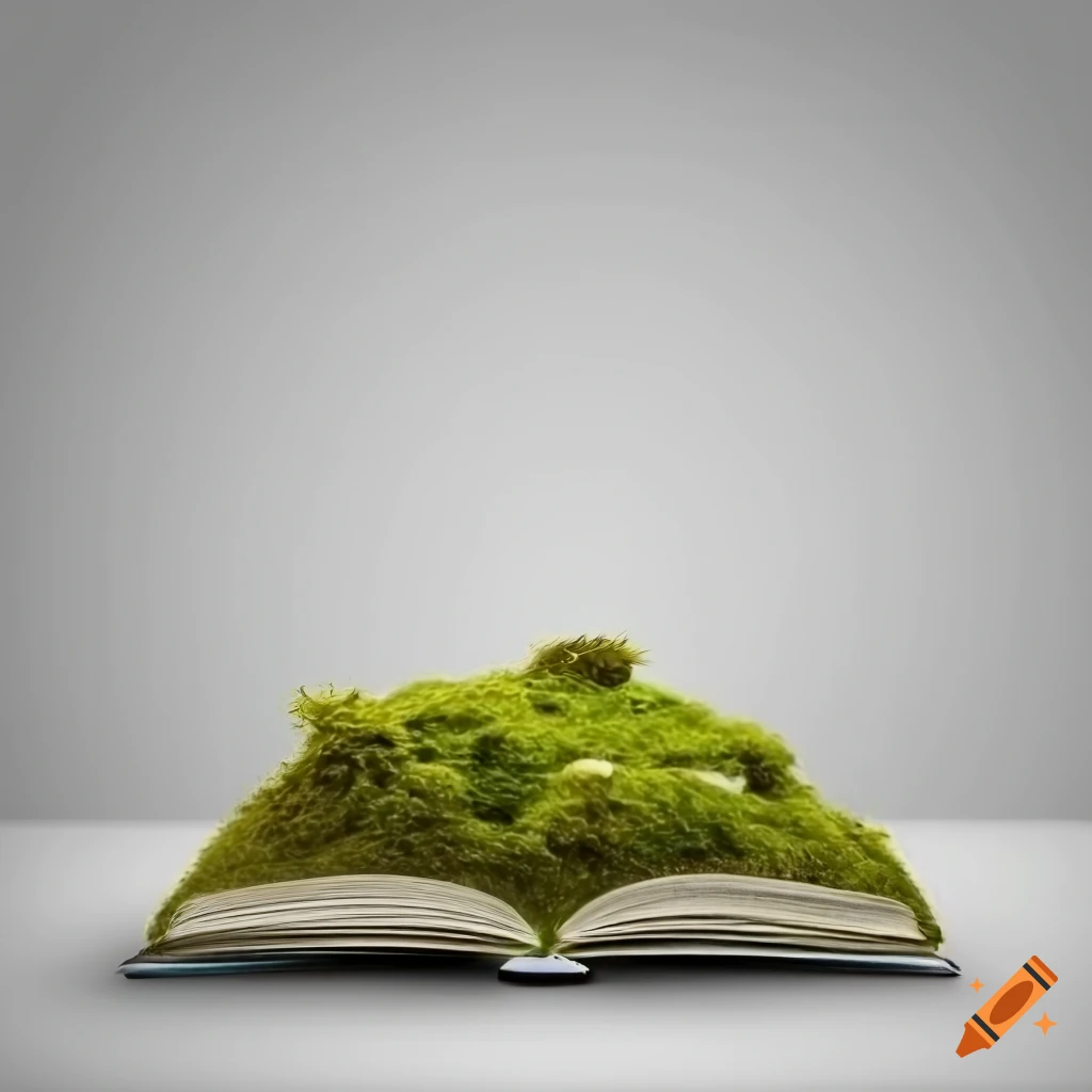 Book covered in moss against a white background on Craiyon