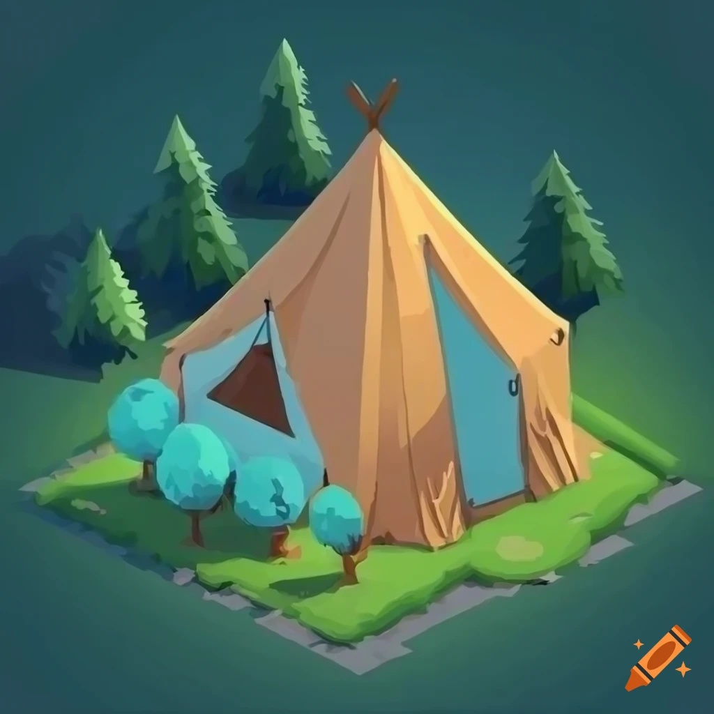Isometric game art of a small canvas tent surrounded by pine trees on ...