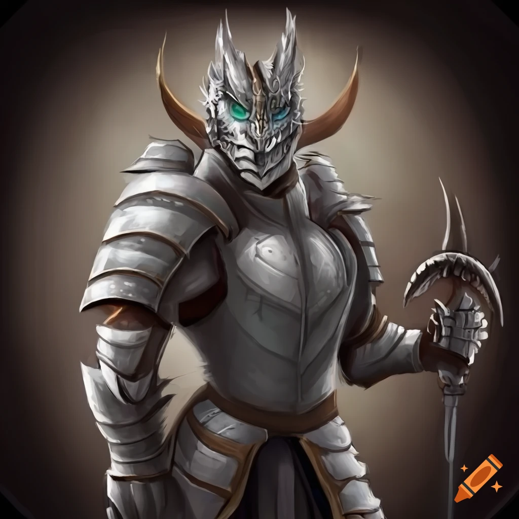 Male anthro white dragon in armor on Craiyon