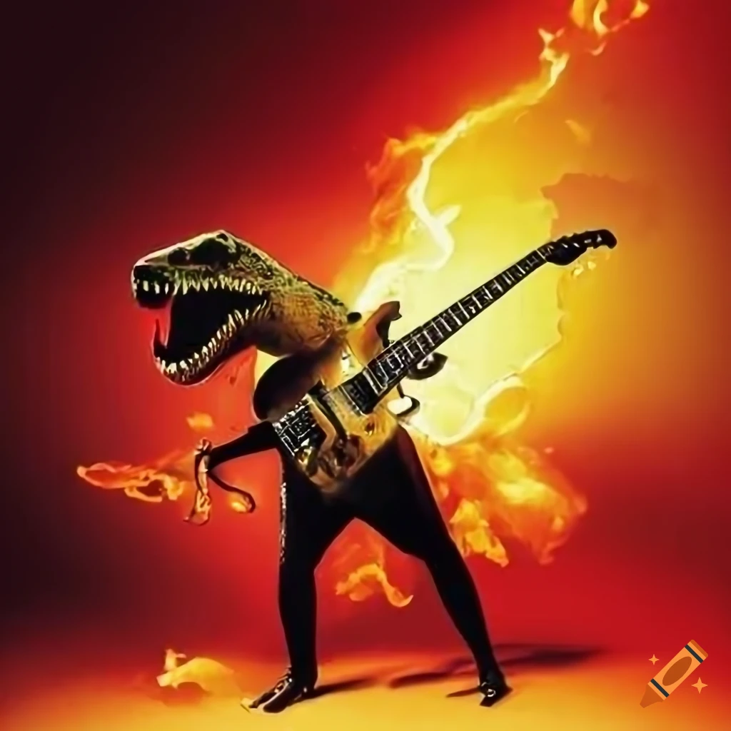 Surreal scene of a dynamic t-rex playing an electric guitar on stage ...