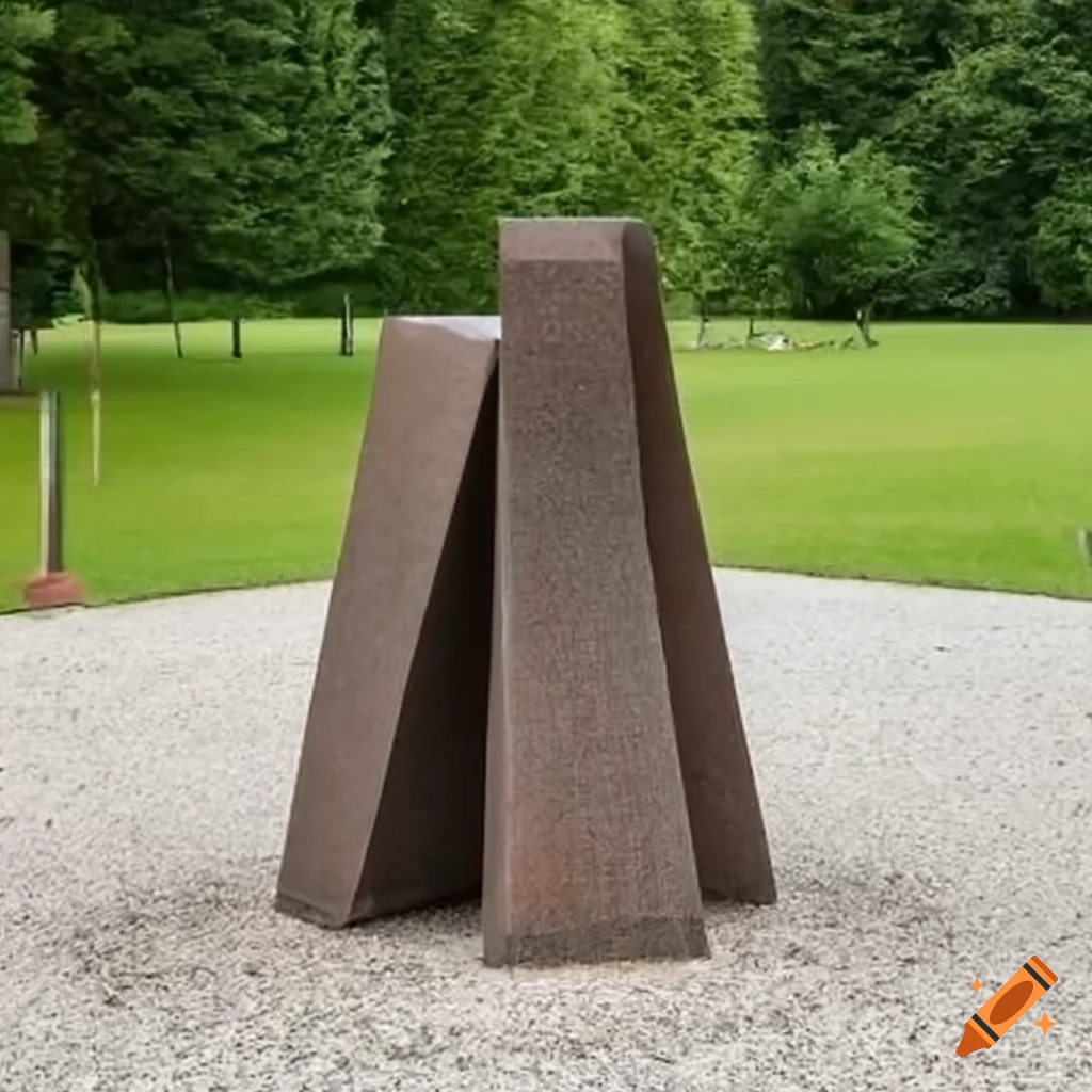 Monumental non-figurative sculpture on a base in a natural environment ...