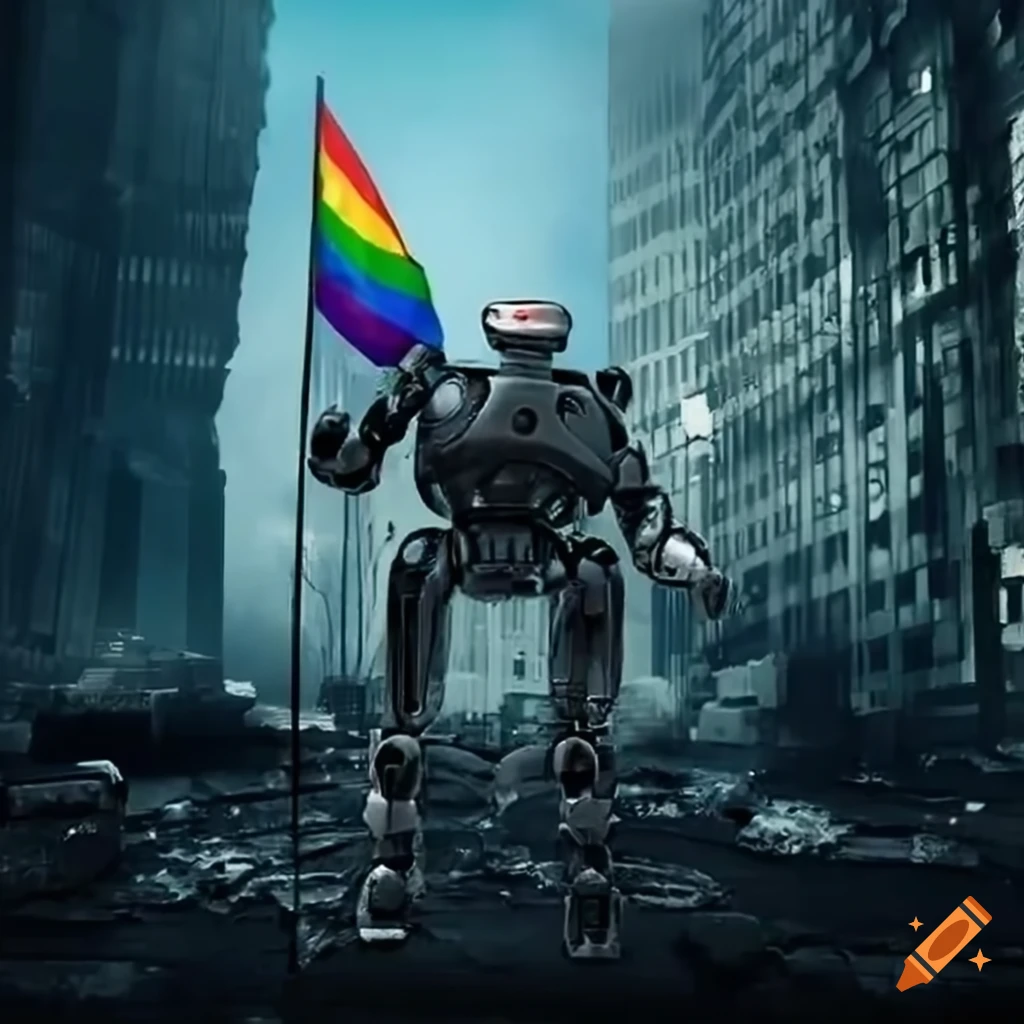 Futuristic robot with rainbow flag in a post-apocalyptic city on Craiyon