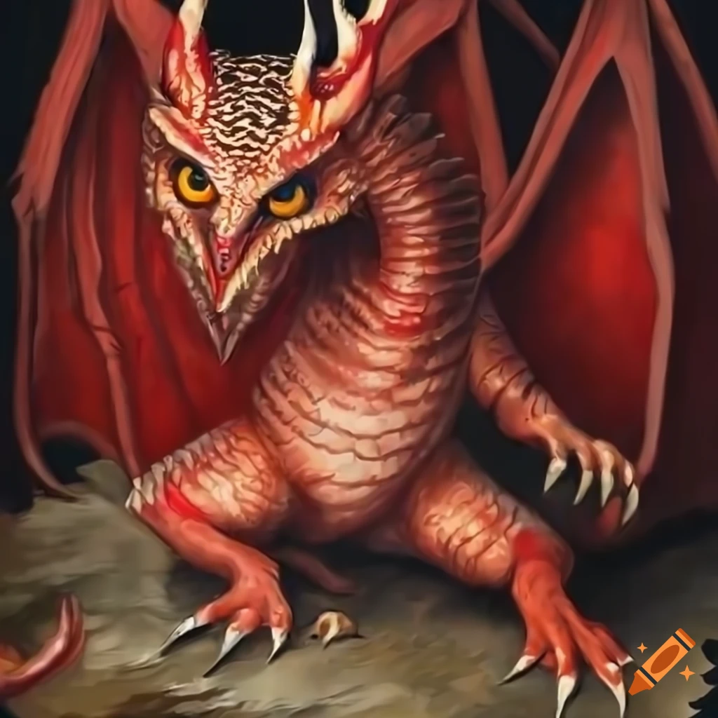 Horrifying blood red horned owl-dragon monster in oil painting style on ...