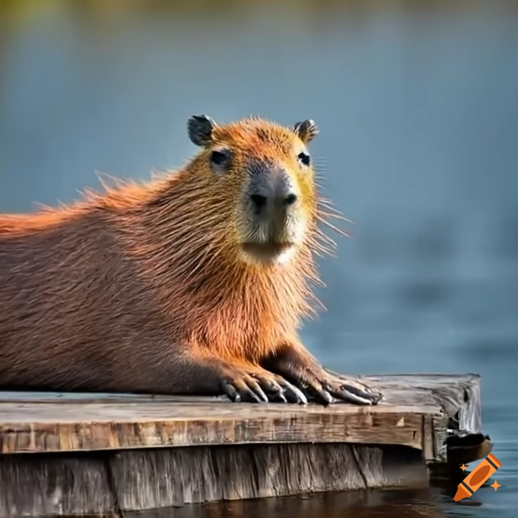Capybara sunbathing on a dock by a finnish lake on Craiyon