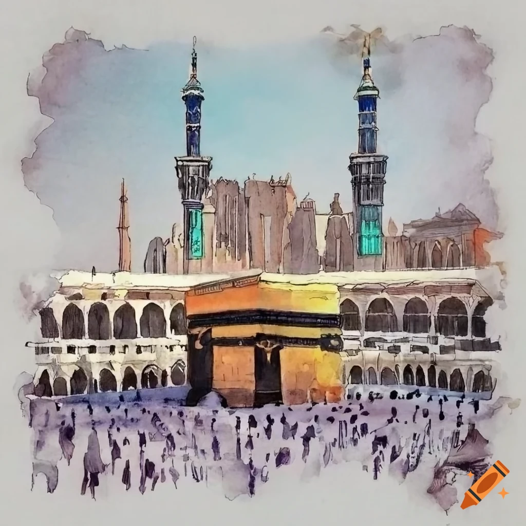 Detailed monochromatic ink drawing of Mecca's architectural beauty on ...