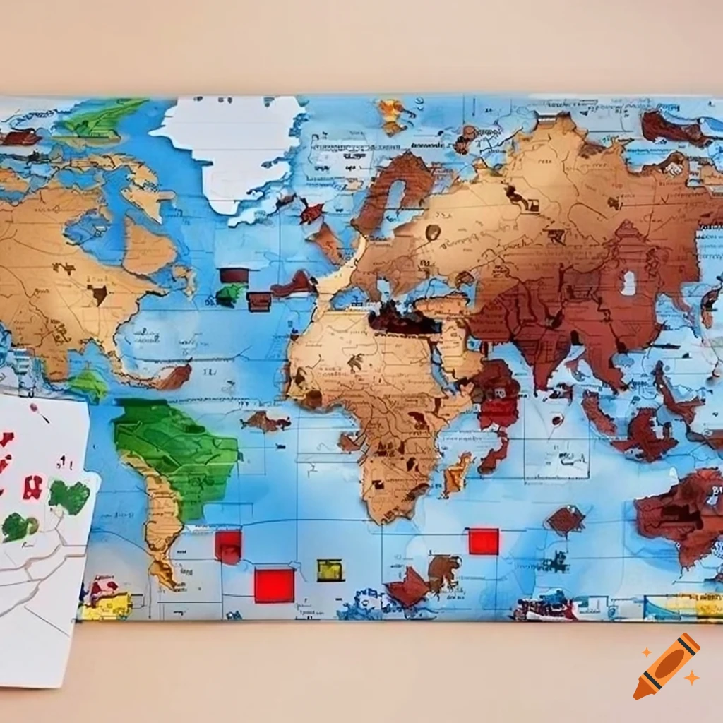 Strategy board game with world map in polygon shape and playing cards ...