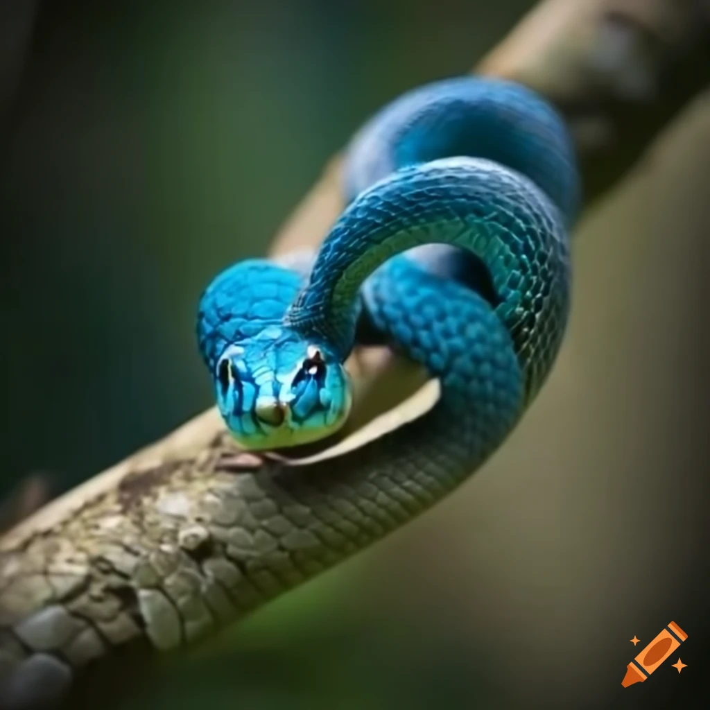 Blue snake with horns hanging from a forest branch on Craiyon
