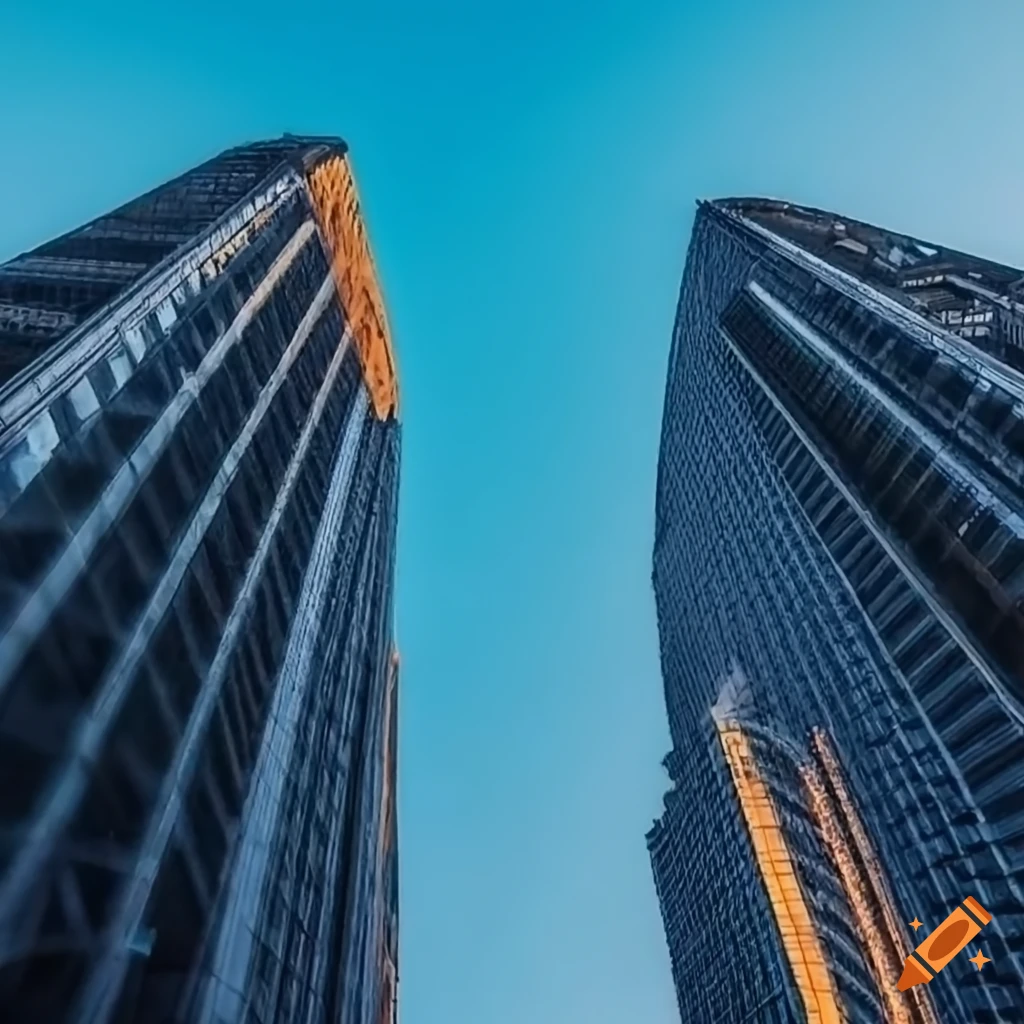 Urban skyline perspective looking up from between three buildings on ...