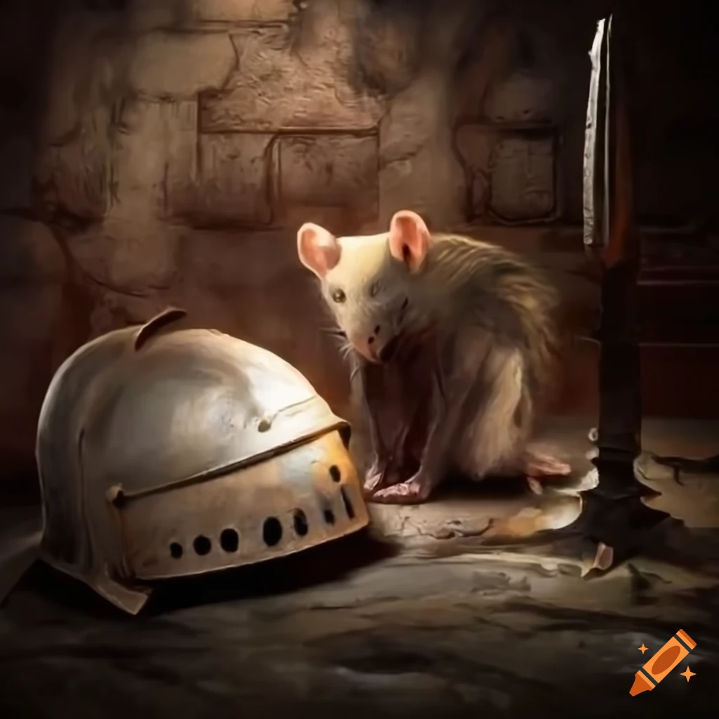 Rat next to knight helmet on dungeon floor on Craiyon