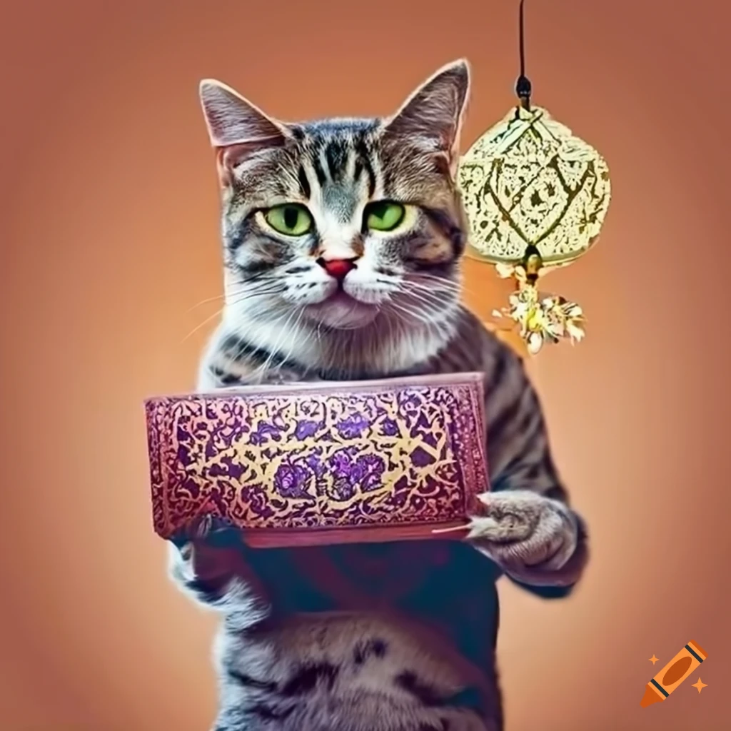 Cat holding an Eid Mubarak sign in a decorated home on Craiyon