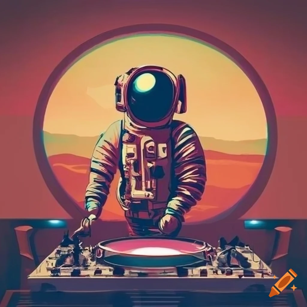 Vintage poster of an astronaut dj at a sunset party on mars on Craiyon