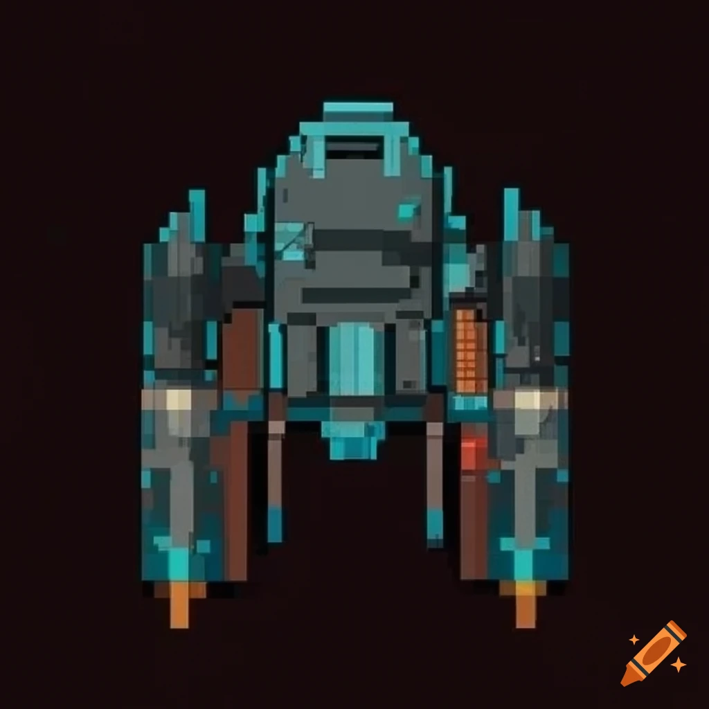 Front view of a pixel art space battle ship on Craiyon