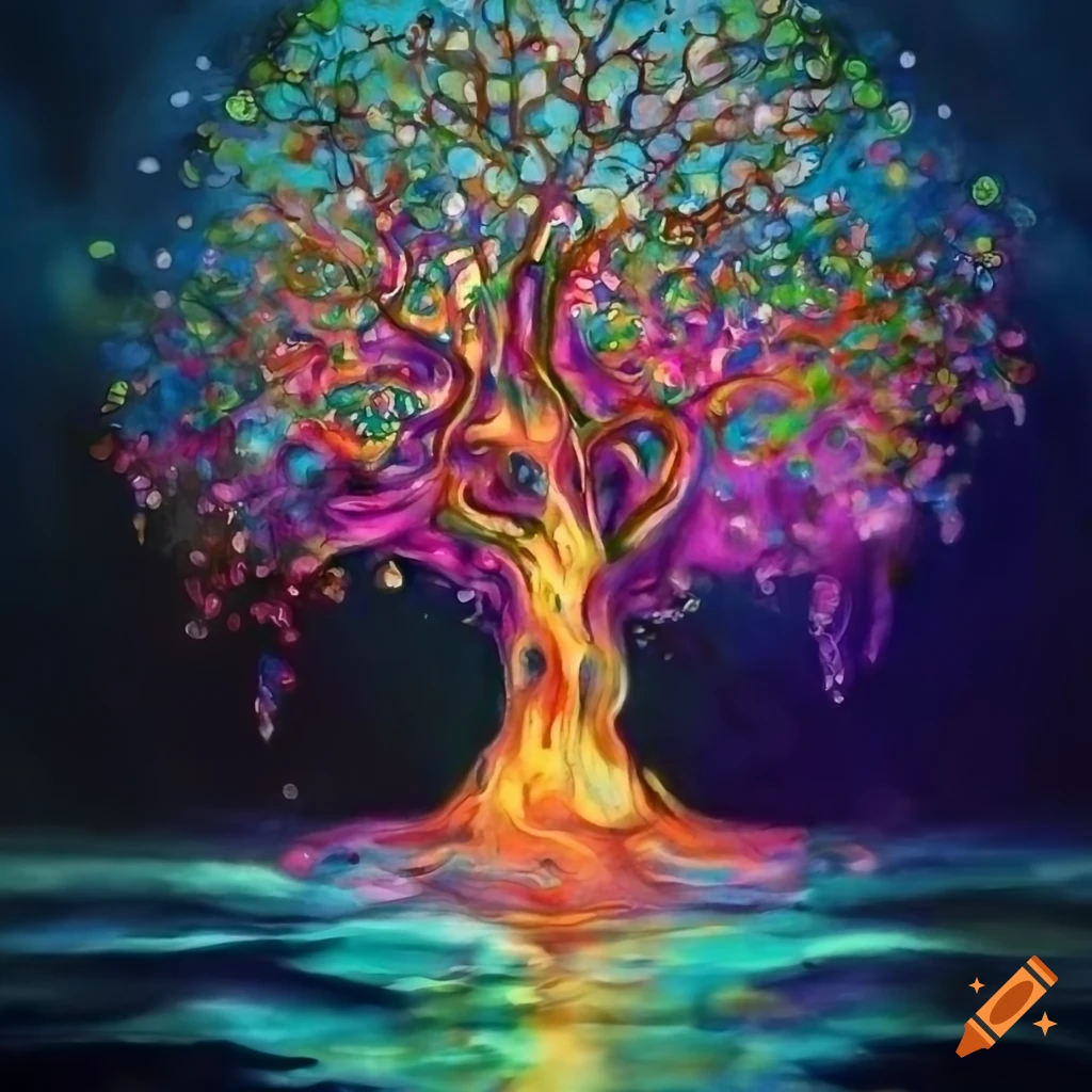 Elemental tree of life in a colorful night setting with fireflies on ...