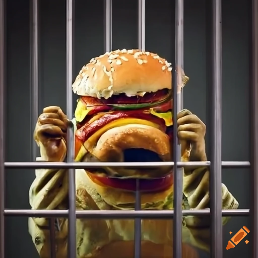 Sad burger behind bars in jail on Craiyon