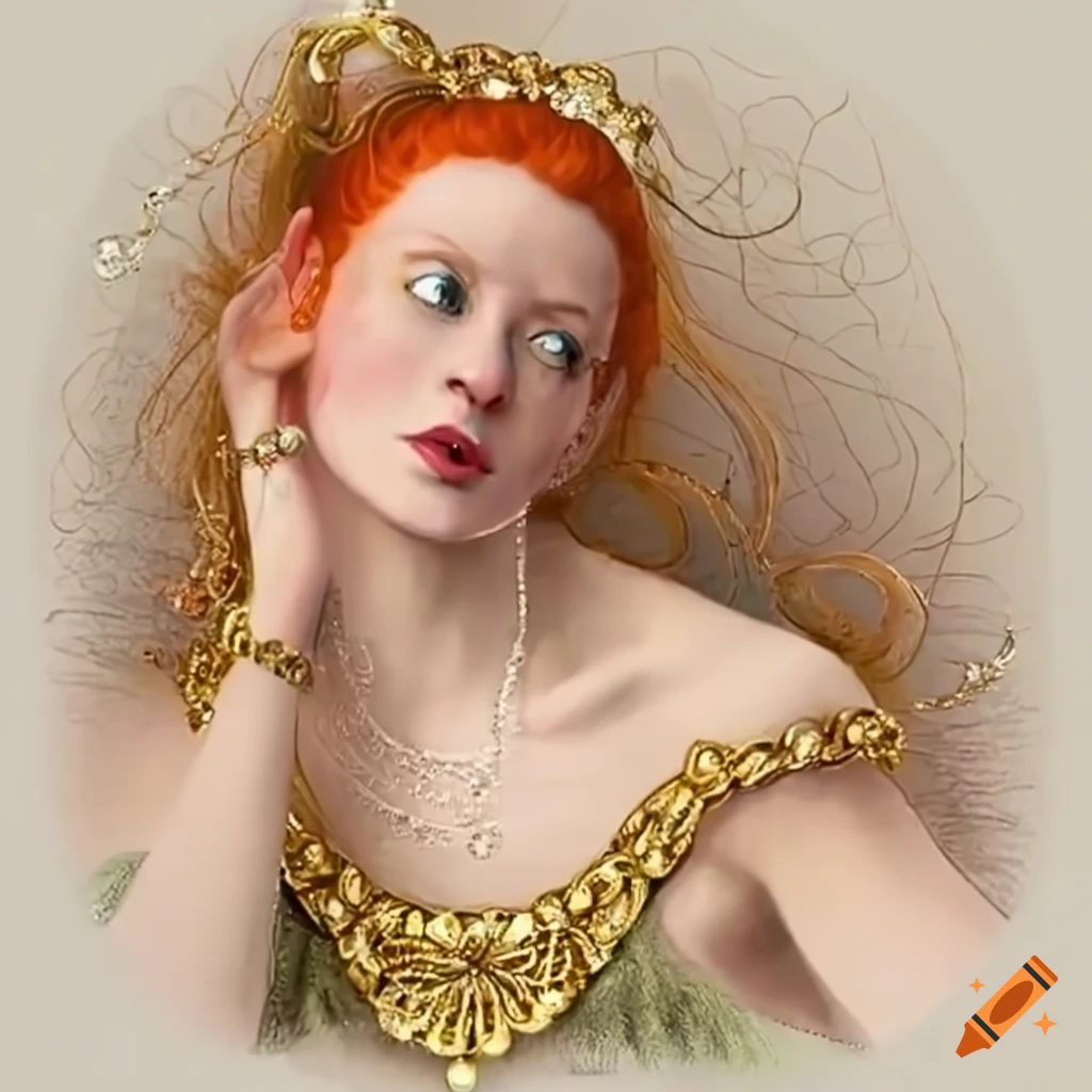Red-haired elf dancer adorned with gold jewelry performing a graceful dance on Craiyon