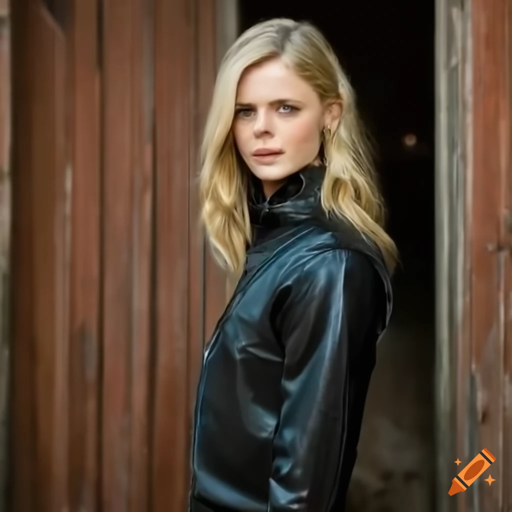 Blonde actress in country plaid shirt and black leather jacket on Craiyon