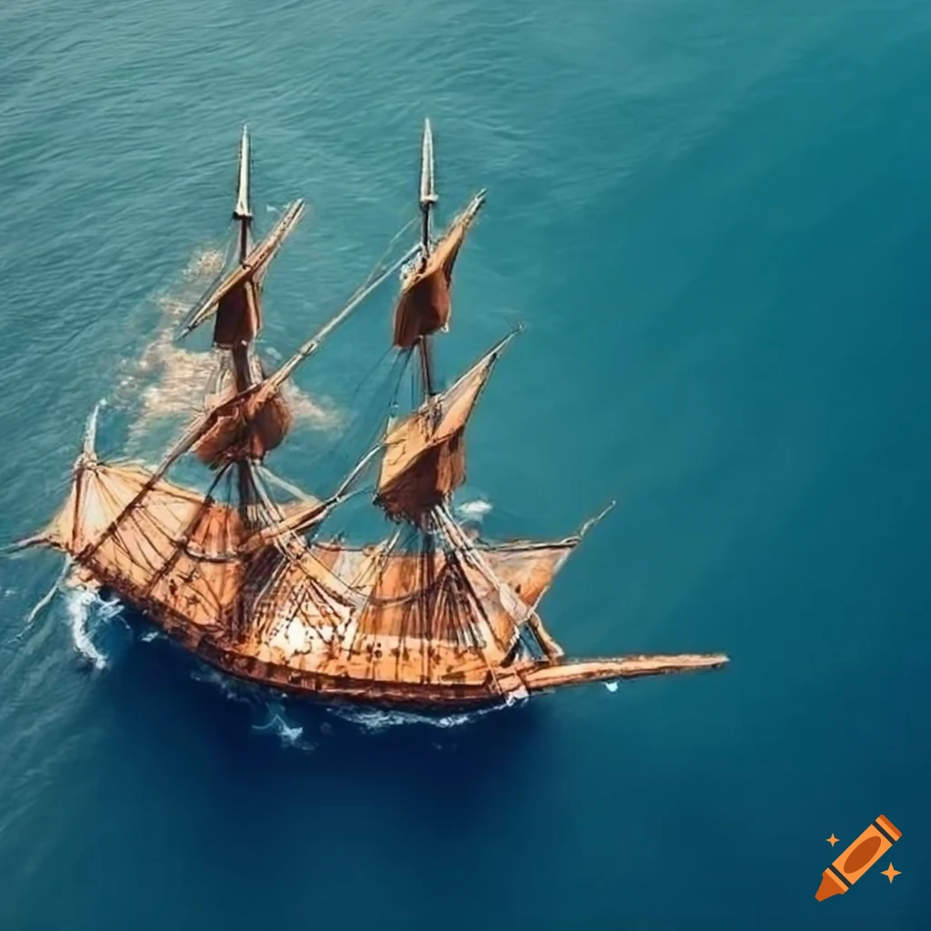 View from above of a wooden frigate in the wide ocean on Craiyon
