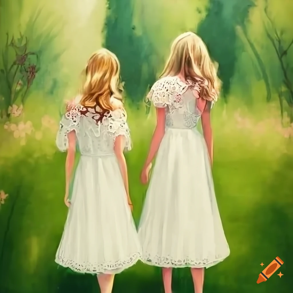 Two young women in white dresses holding hands on green grass with ...